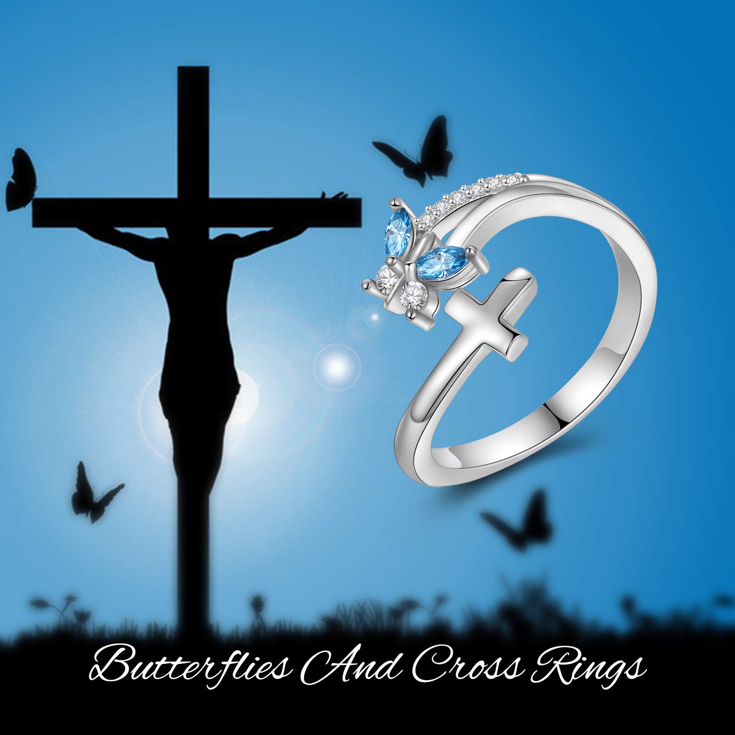 POPLYKE Butterfly Ring 925 Sterling Silver Butterfly Jewelry Gifts for Women (Cross Butterfly)