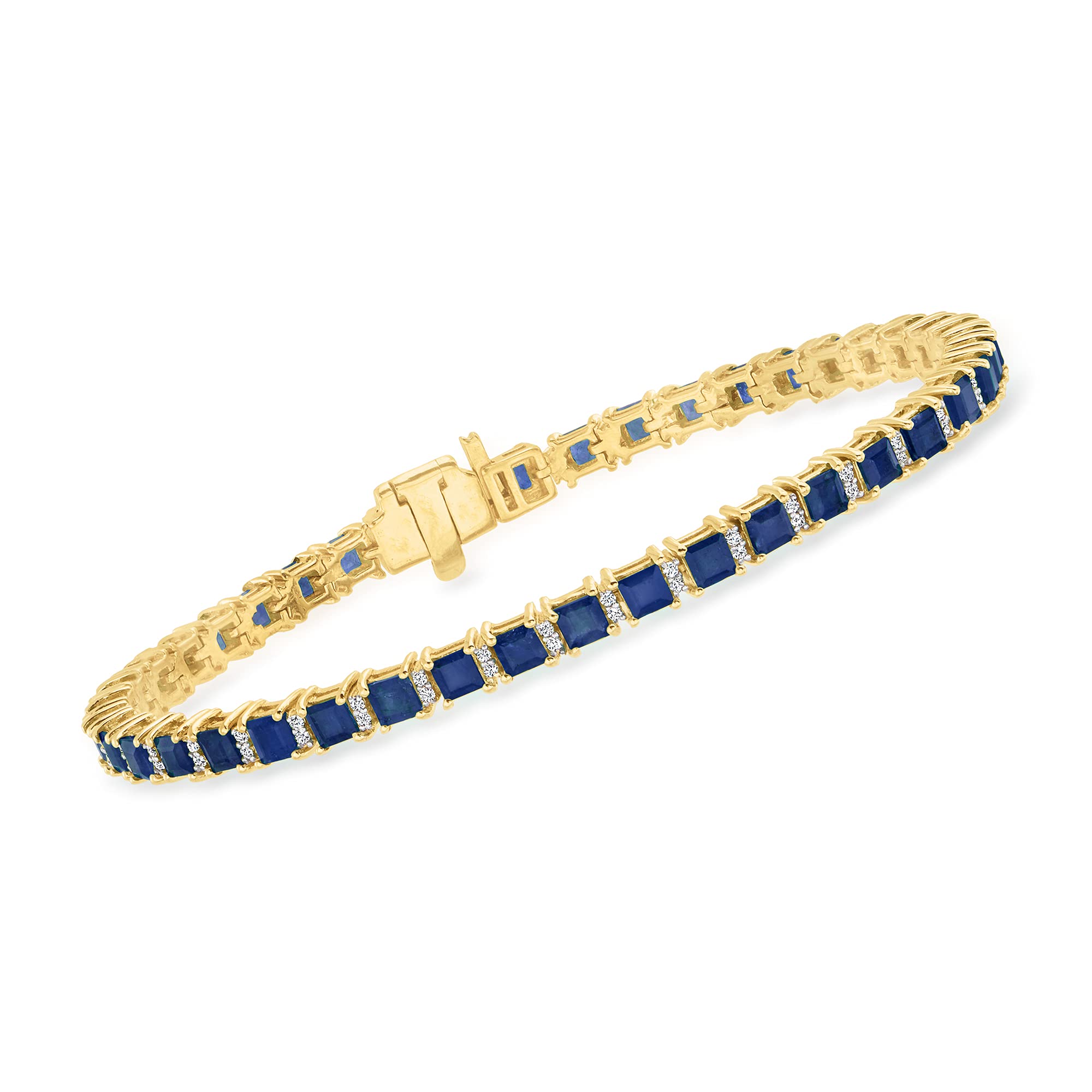 Ross-Simons 12.00 ct. t.w. Sapphire and .57 ct. t.w. Diamond Tennis Bracelet in 18kt Gold Over Sterling. 8 inches