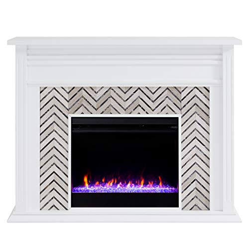 SEI Furniture Hebbington Carrara Marble Tiled Color Changing Electric Fireplace, White-Gray