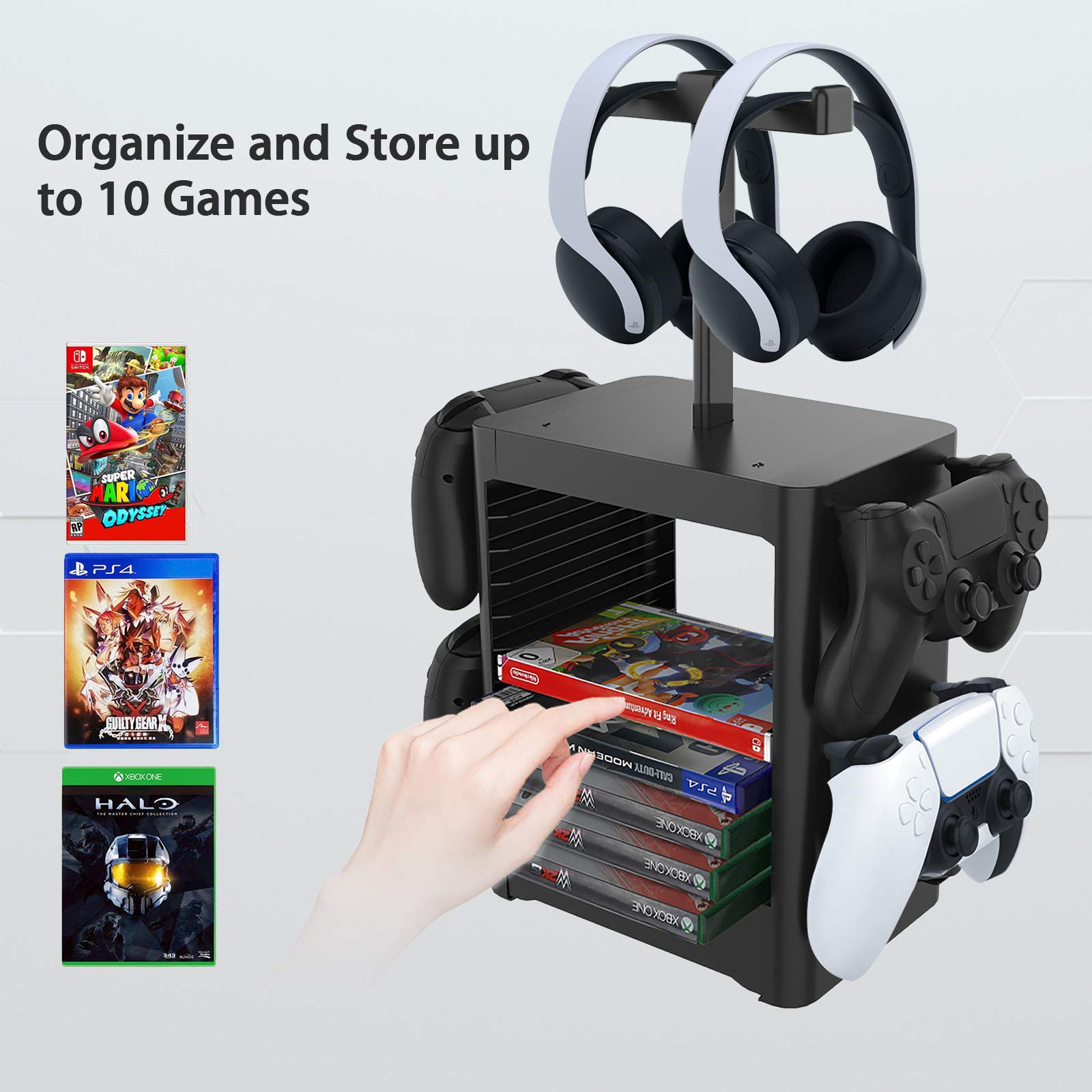 NexiGo Headset and Game Organizer (up to 10 Games) for PS5 PS4 PlayStation/Xbox Series S & X/Switch Accessories, Headphones, Game Discs, Joy Cons, DualSense, Controllers, Black