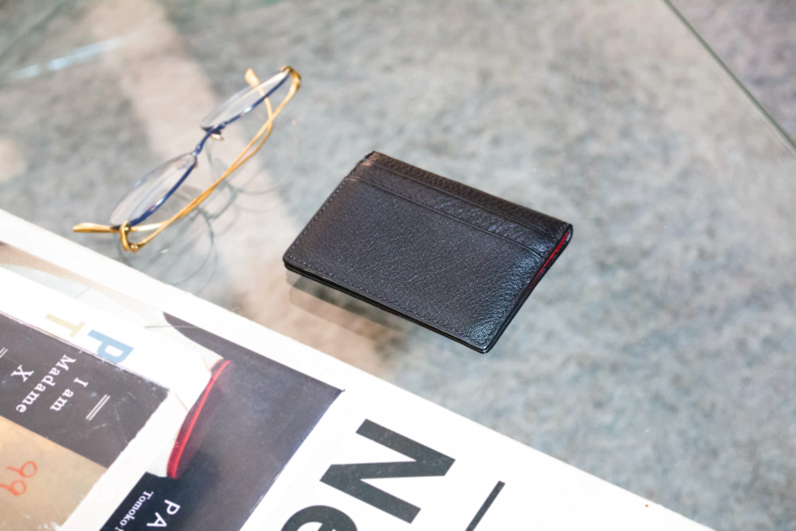 The Tanned Cow- Slim Minimalist Cardholder Wallet for Men Women, Mini Thin Leather Bifold, Compact, Front Pocket Credit Card Holder with RFID Blocking, Gift Box (Bubble leather, Black/Sangria Red)