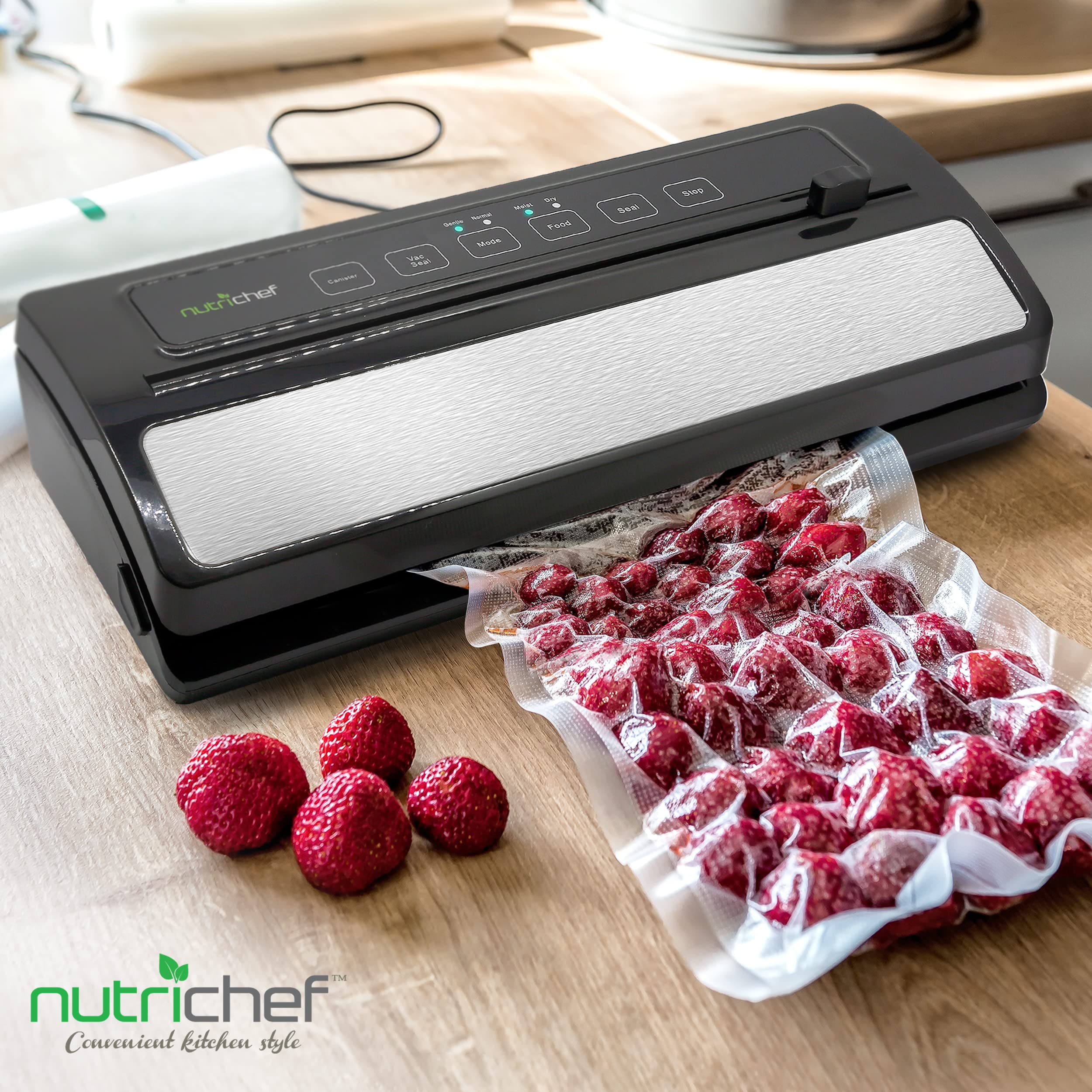 NutriChef Vacuum Sealer | Automatic Vacuum Air Sealing System For Food Preservation w/ Starter Kit | Compact Design | Lab Tested | Dry & Moist Food Modes | Led Indicator Lights