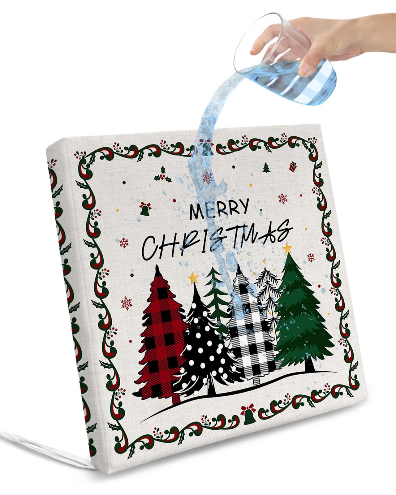 Merry Christmas Tree Outdoor Cushion Chair Cover Set of 2 - Waterproof Couch Seat Covers, Red Plaid Green Xmas Tree Snowflake Patio Furniture Protector Slipcovers for Sofa/Garden/RV, 20"x18"x4"