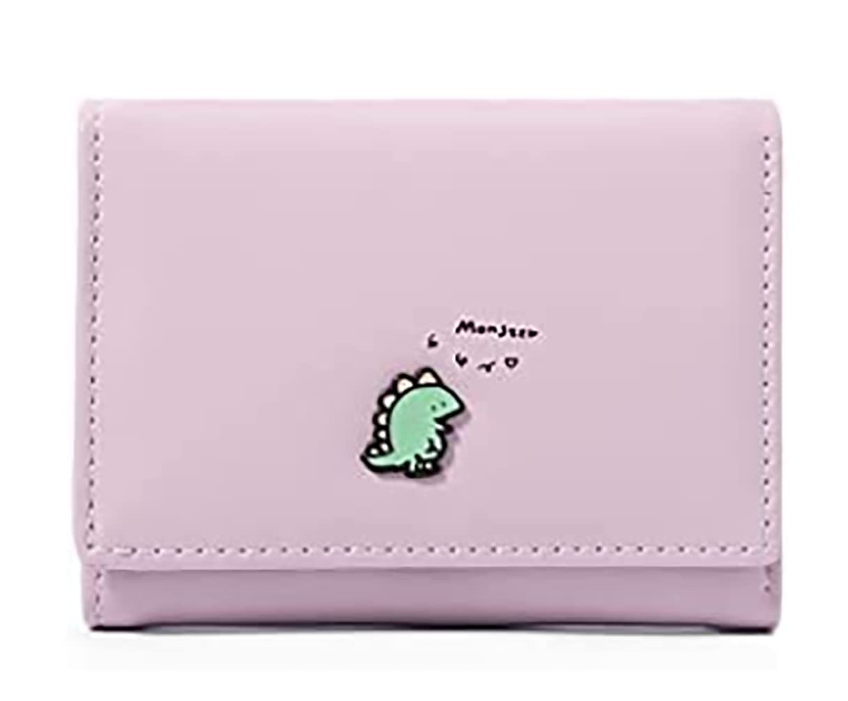 YaJaMa Cute Dinosaur Metal Badge Women Wallet PU Leather Small Slim Trifold Girls Credit Card Case Holder Organizer Purse with ID Window (Purple)