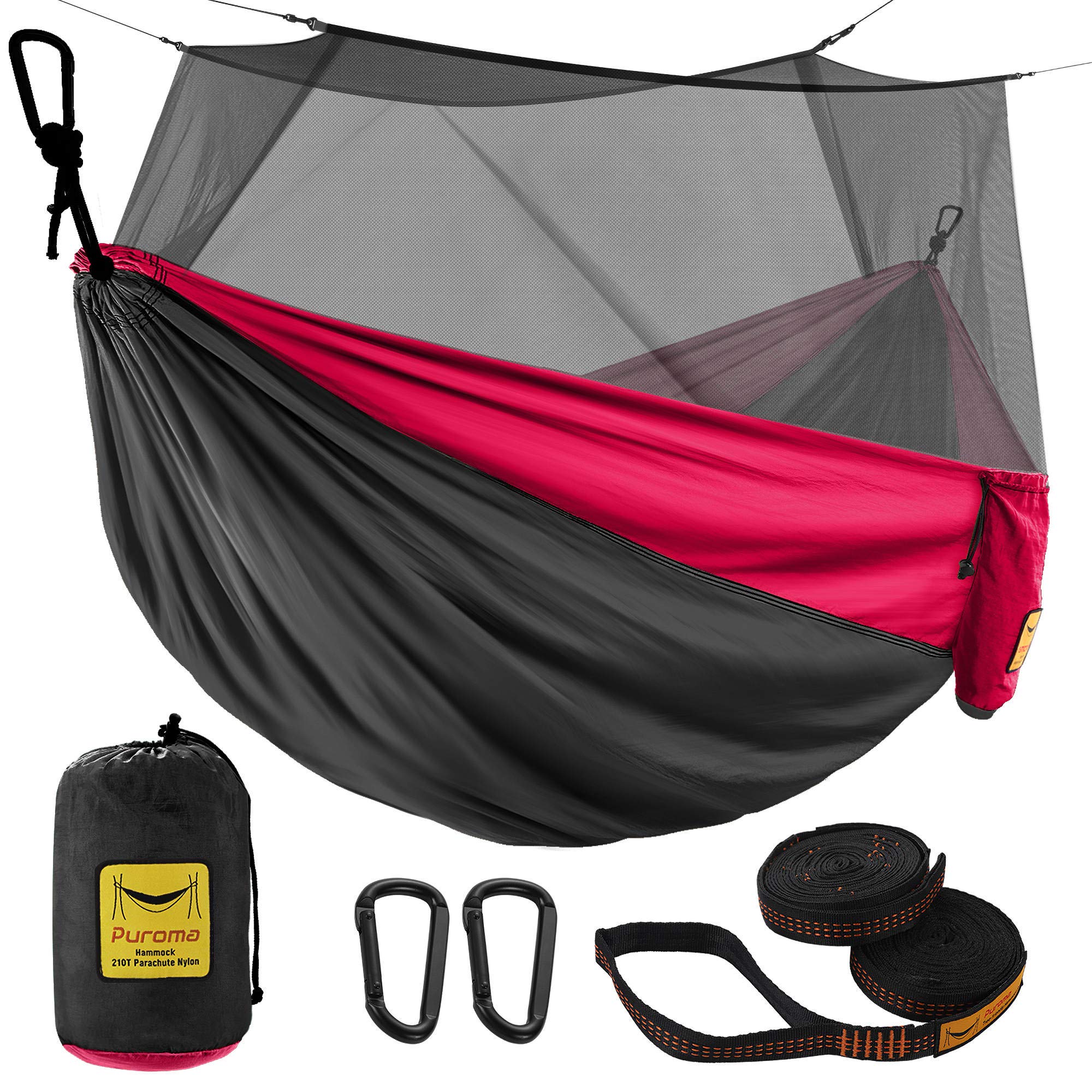 Puroma Camping Hammock with Net Double & Single Hammock with Tree Straps Portable Hammock Ultralight Nylon Parachute Hammocks for Backpacking, Travel, Beach, Camping, Hiking, Backyard