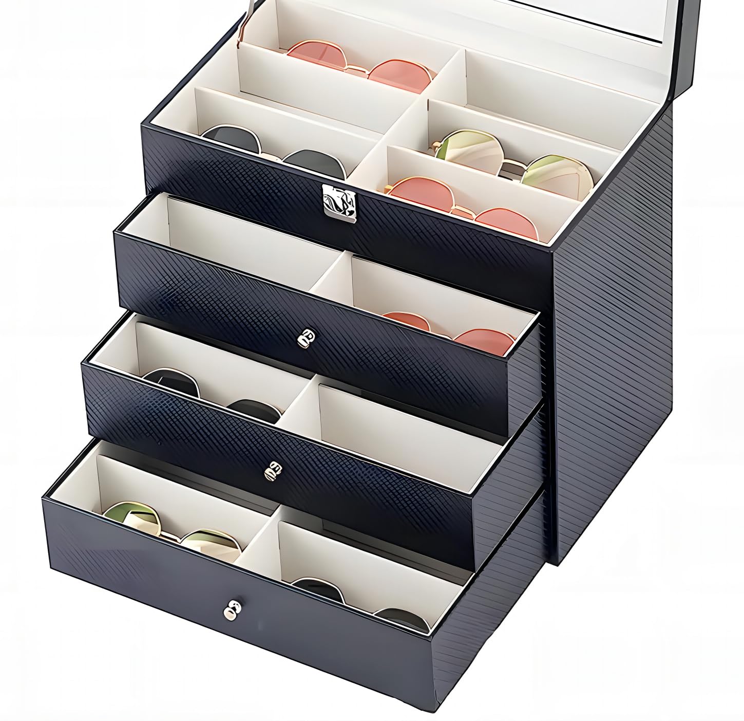 RUTILY 4 Layers Sunglasses Organizer Case 24 Slots Eyeglasses Display Storage Organizer Box Leather Sunglasses Holder Case for Eyeglasses Collector,Eyeglasses Display Case with Metal Lock