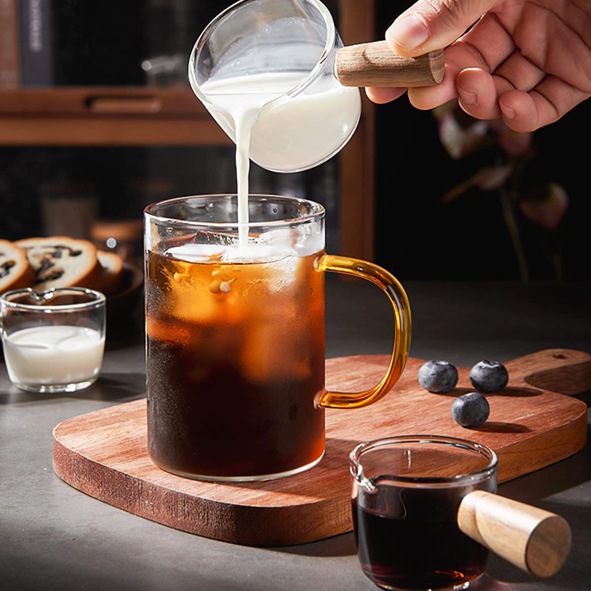 Single Spout Espresso Coffee Shot Glass with Wood Handle Measuring Cup Triple Pitcher Milk Cup Coffee Replacement Carafe for Barista Milk Espresso Making, 75 ml (2 Pieces)