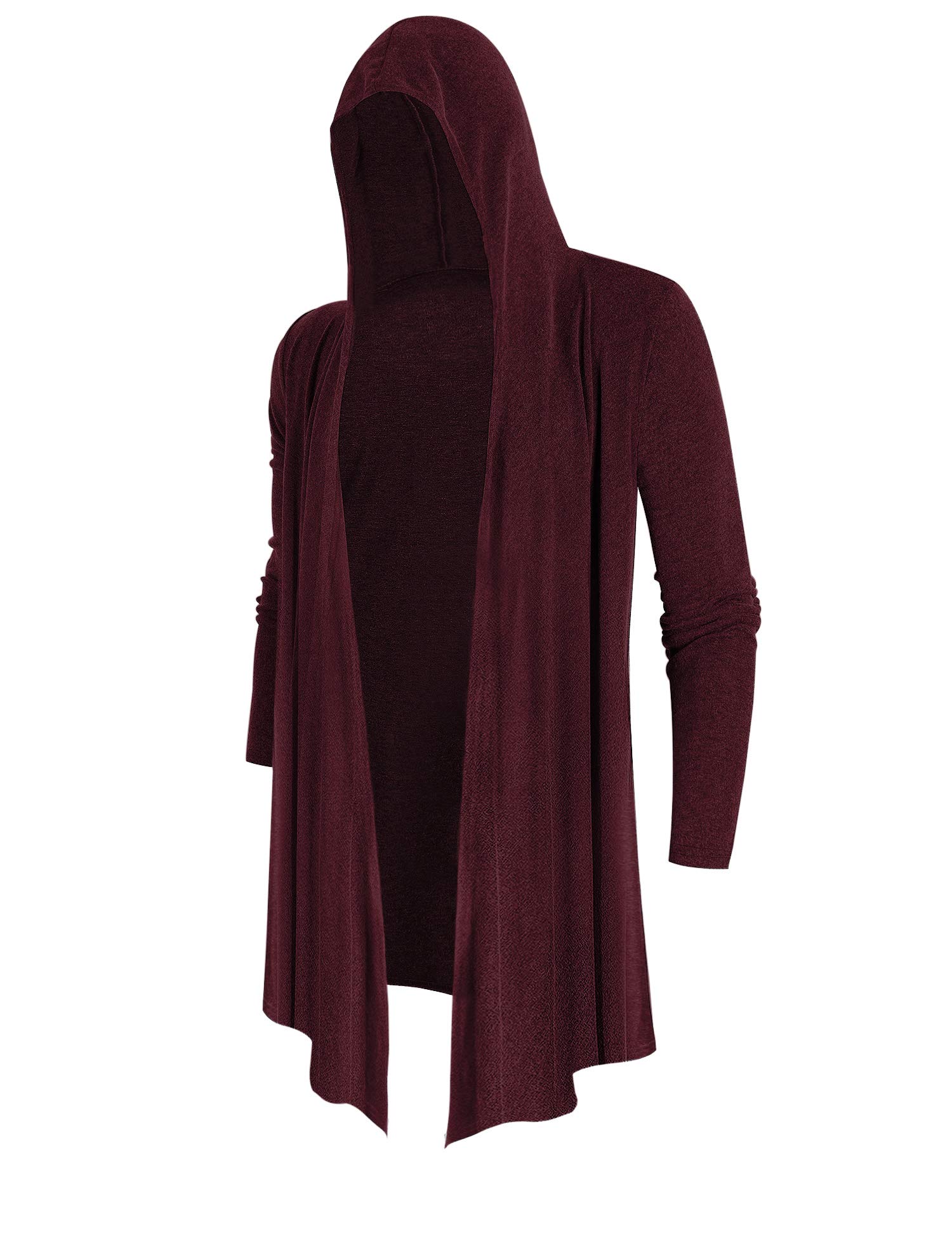Poriff Mens Sleeveless Hooded Cardigan Asymmetrical Long Sweater Hooded Wine Red M