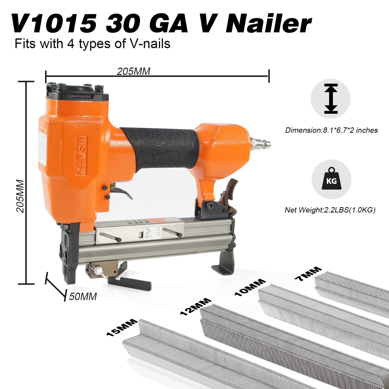 KAMSIN #V1015 30 Gauge Pneumatic Picture Frame Nailer, 13/32β(10.3mm) Crown V Nailer, 5/16'' to 19/32'' (7-15mm) Leg Length V-nails Tacker V Nails Gun For Picture Frames