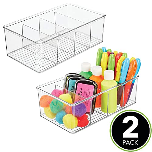 mDesign Plastic Office Storage Organizer Bin Box - 4 Divided Sections - Cabinets, Closets, Drawers, Desks, Tables, Workspace, 2 Pack - Clear
