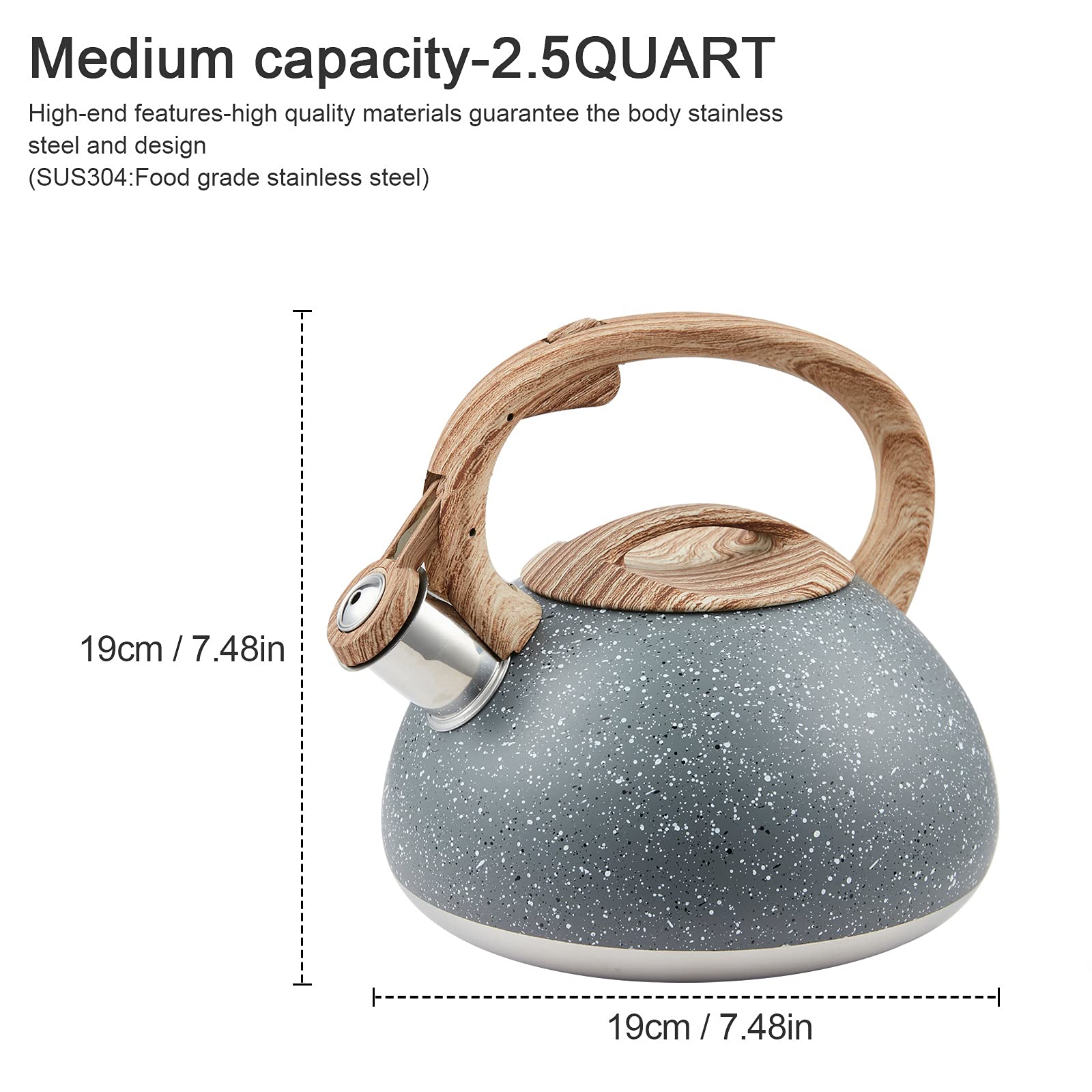 Whistling Tea Kettle Stainless Steel Teapot, Teakettle for Stovetop Induction Stove Top, Fast Boiling Heat Water Tea Pot 2.2 Quart(Gray)