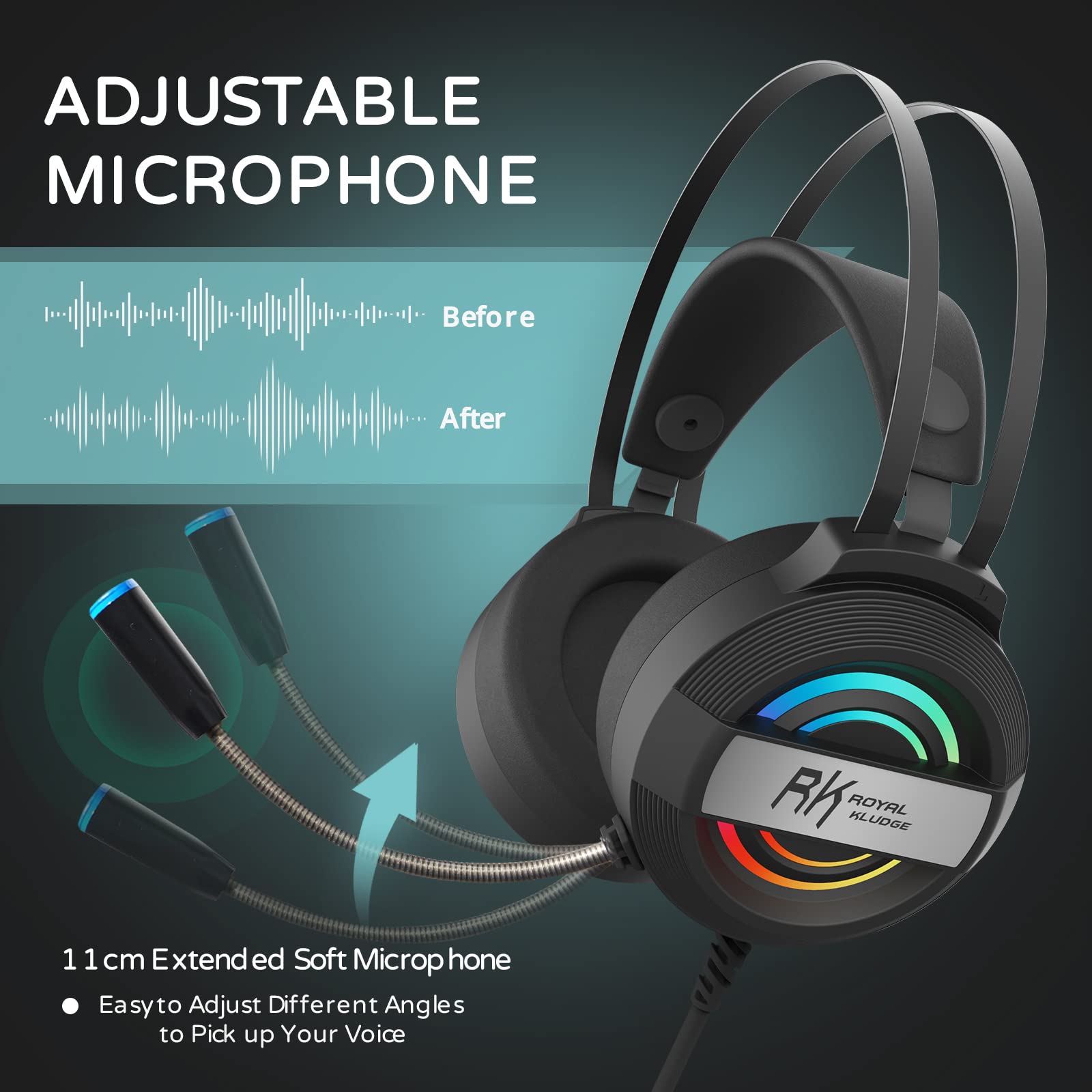 RK ROYAL KLUDGE PS4 Gaming Headset with Microphone, RK-E6000 PS5 Headset Xbox Headphone with Noise Cancelling Mic RGB Lights 7.1 Surround Sound for PS4 PS5 Xbox One Nintendo Switch PC, Black