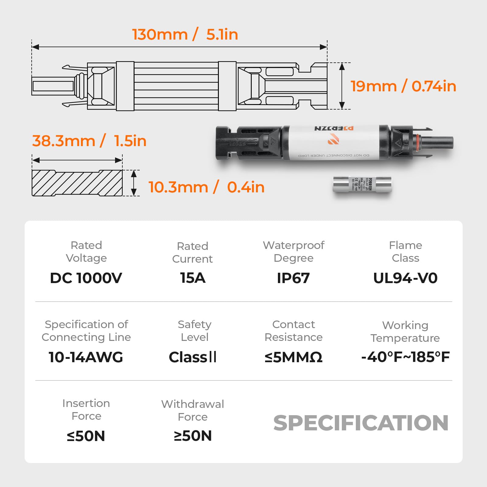 PJERJZN Solar Panel Fuse Solar Fuse 15Amp 1000V Holder Fuse Inline IP67 Solar Panel Fuse with Male and Female Connector PV Fuse for Solar System PV Solar Panels Solar Surge Protection Device 2 Pcs