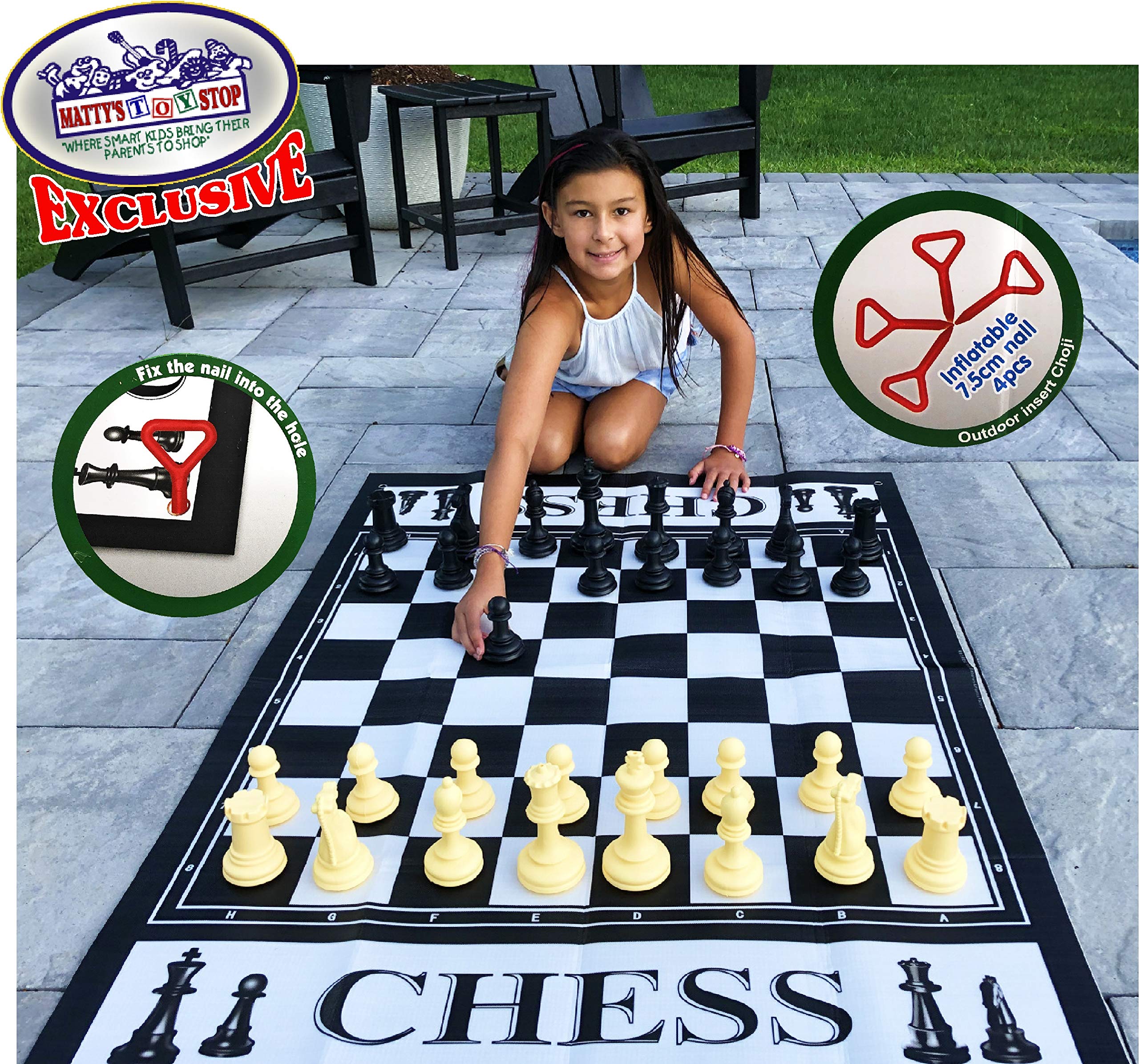 Matty's Toy Stop Deluxe Large Chess (Indoor/Outdoor) Game with 6" King, 4' x 3' Game Mat with with Anchors