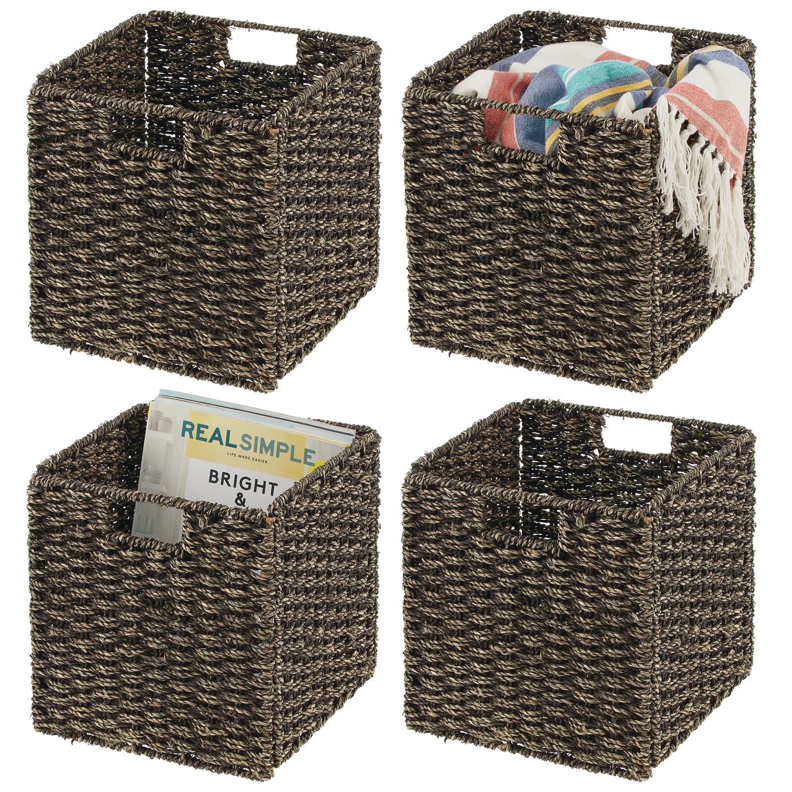mDesign Seagrass Woven Cube Basket Organizer with Handles - Storage for Bedroom, Office, Living Room, Bathroom, Perfect for Cubby Storage Units - Hold Blankets, Magazines, Books - 4 Pack - Black Wash