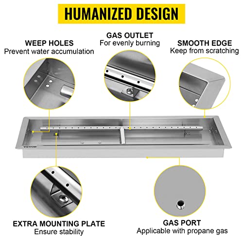 VBENLEM Fire Pit Pan 37.5x14 Inch, Stainless Steel Rectangular Fire Pit Pan and Burner, Built-in Fire Pit Pan with H-Burner, 150K BTU