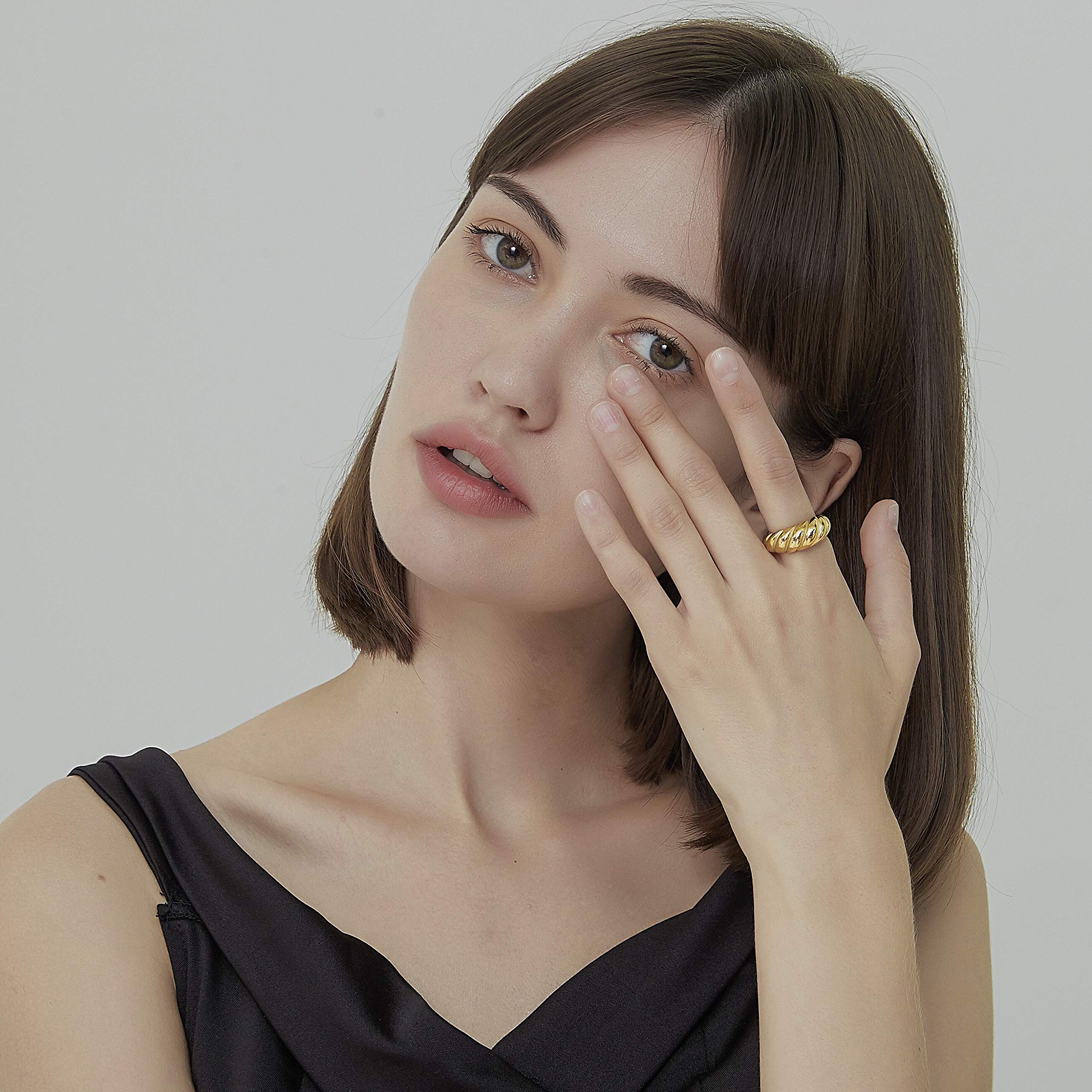 Shapes Studio 18K Gold Plated Gold Dome Croissant Band Ring, Stackable Ring, Signet Ring, Women Jewelry Minimalist Chic Style (Big, 10)