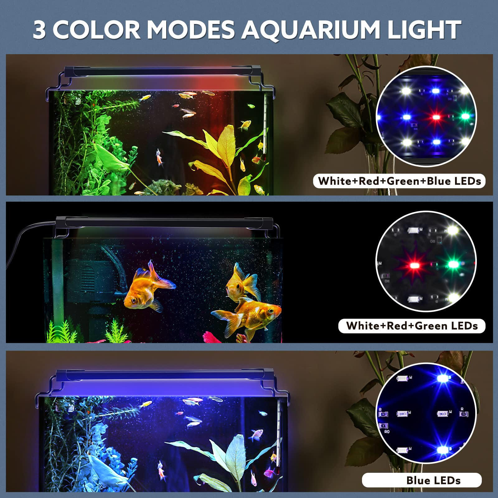 Riiai 12W Aquarium Light, LED Planted Fish Tank Light with Extendable Brackets for Freshwater Saltwater Tank 12-20 Inch, Aluminum Shell 4 Color Model Built-in Timer