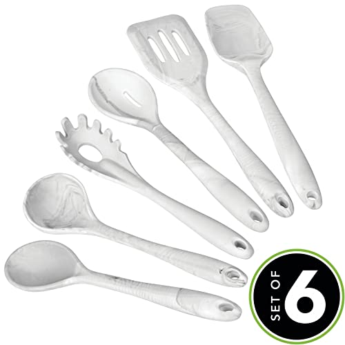 mDesign Silicone Kitchen Utensil Set - Includes Spatula/Turner, Spoonula, Solid Spoon, Slotted Spoon, Serving/Mixing Spoon, Ladle and Pasta Fork, 6 Pack, Large - Marble
