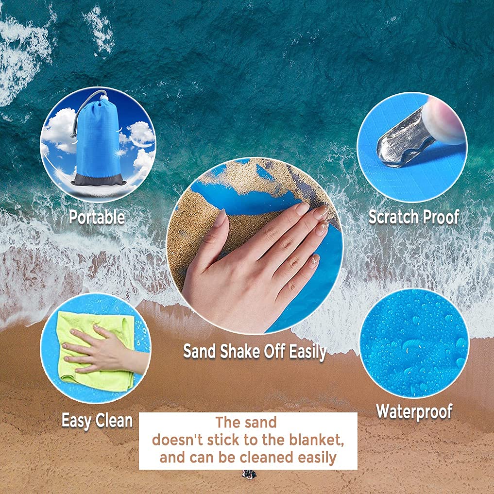 Shourlite Sandproof Beach Blanket, Oversized Waterproof Picnic Mat for 4-7 Adults Sand Shake Off Easily, Beach Blanket Large Mat for Travel Camping Hiking, Orange+white+blue, 79x83 inch