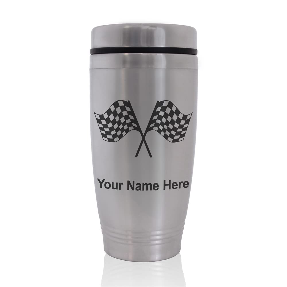 SkunkWerkz Commuter Travel Mug, Racing Flags, Personalized Engraving Included