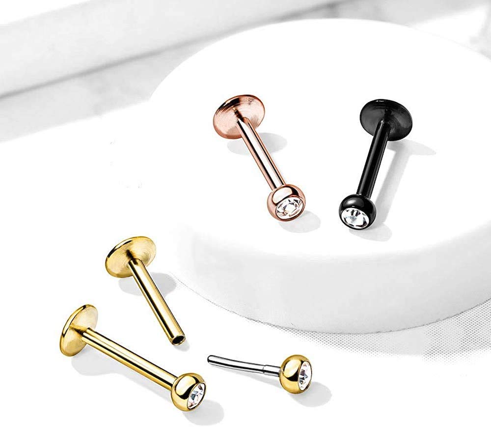 Push in Jeweled Ball Top PVD Over 316L Surgical Steel Threadless Labret, Monroe, Flat Back Stud (20GA (0.8mm), Length: 1/4" (6mm), Ball: 2mm, Rose Gold)