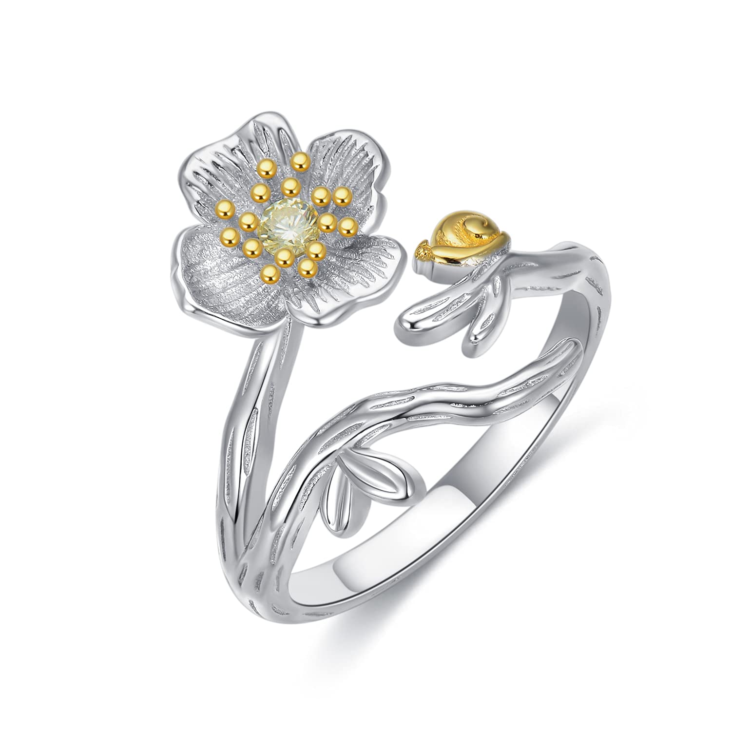 RMREWY 925 Sterling Silver Blooming Poppy Flower Open Ring Adjuastable Ring Jewelry Unique Gift for Women (7.5)
