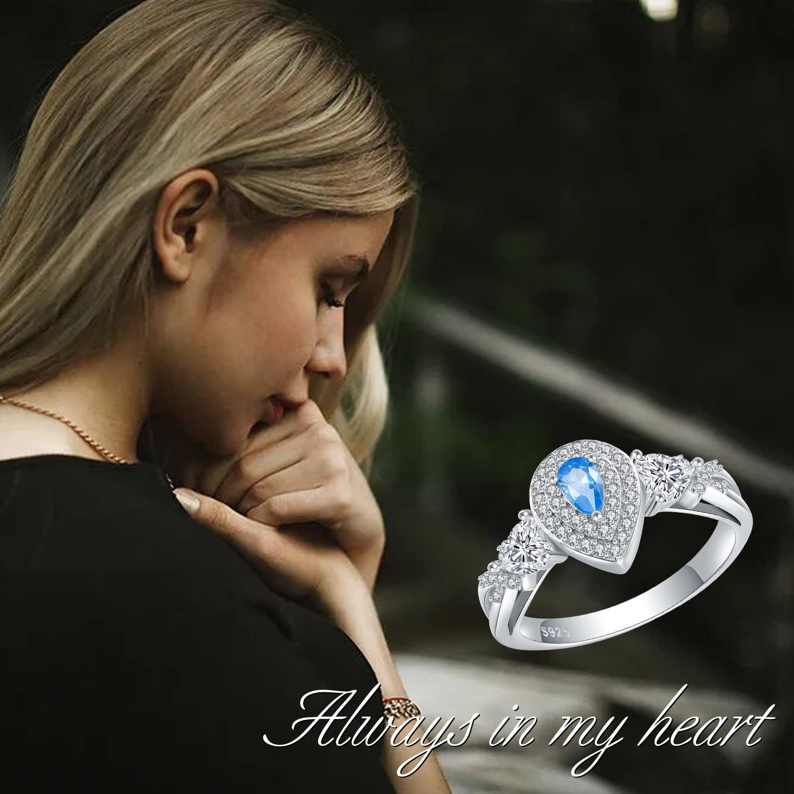 Teardrop Urn Rings for Ashes for Women - 925 Sterling Silver cremation jewelry Keepsake Hold Loved Ones Ashes,Memorial Wedding Ring for Girls (7) (C. Blue-March, 7)