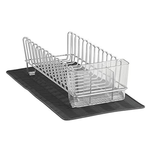 mDesign Steel Sink Dish Drying Rack/Dish Drainer Storage Organizer w/Wire Drainer, Drying Mat for Kitchen Counter, Easy Drain/Dry Dishes, Plate, Utensil - Concerto Collection, Set of 2 - Chrome/Gray