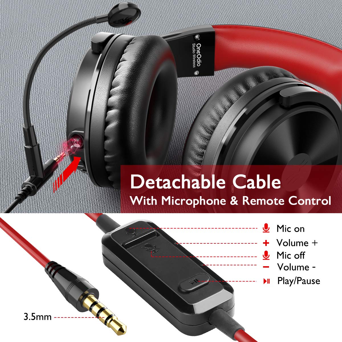 OneOdio Bluetooth Over Ear Headphones with 110Hrs Playtime Wired Gaming Stereo Headsets with Boom Mic for PS4, Xbox one, PC, Wireless Headset for Phones, Laptop, Office - Studio Wireless(Y80B) (Red)