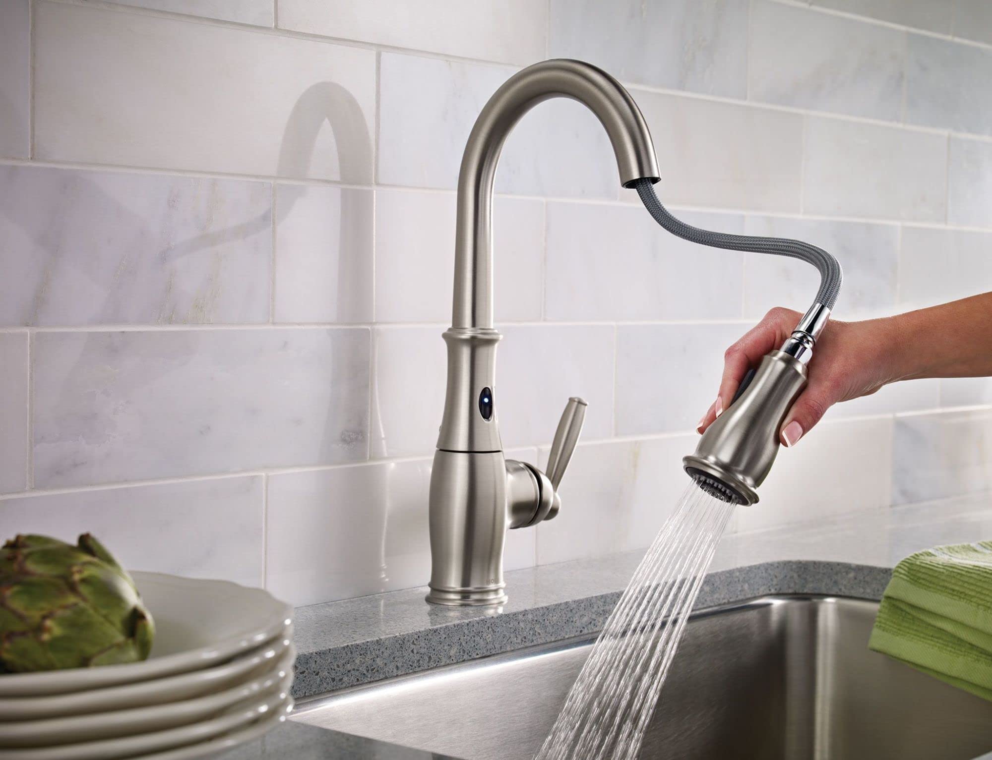 Moen Brantford Spot Resist Stainless Motionsense Two-Sensor Touchless One-Handle High Arc Pulldown Kitchen Faucet Featuring Reflex Docking System, 7185ESRS