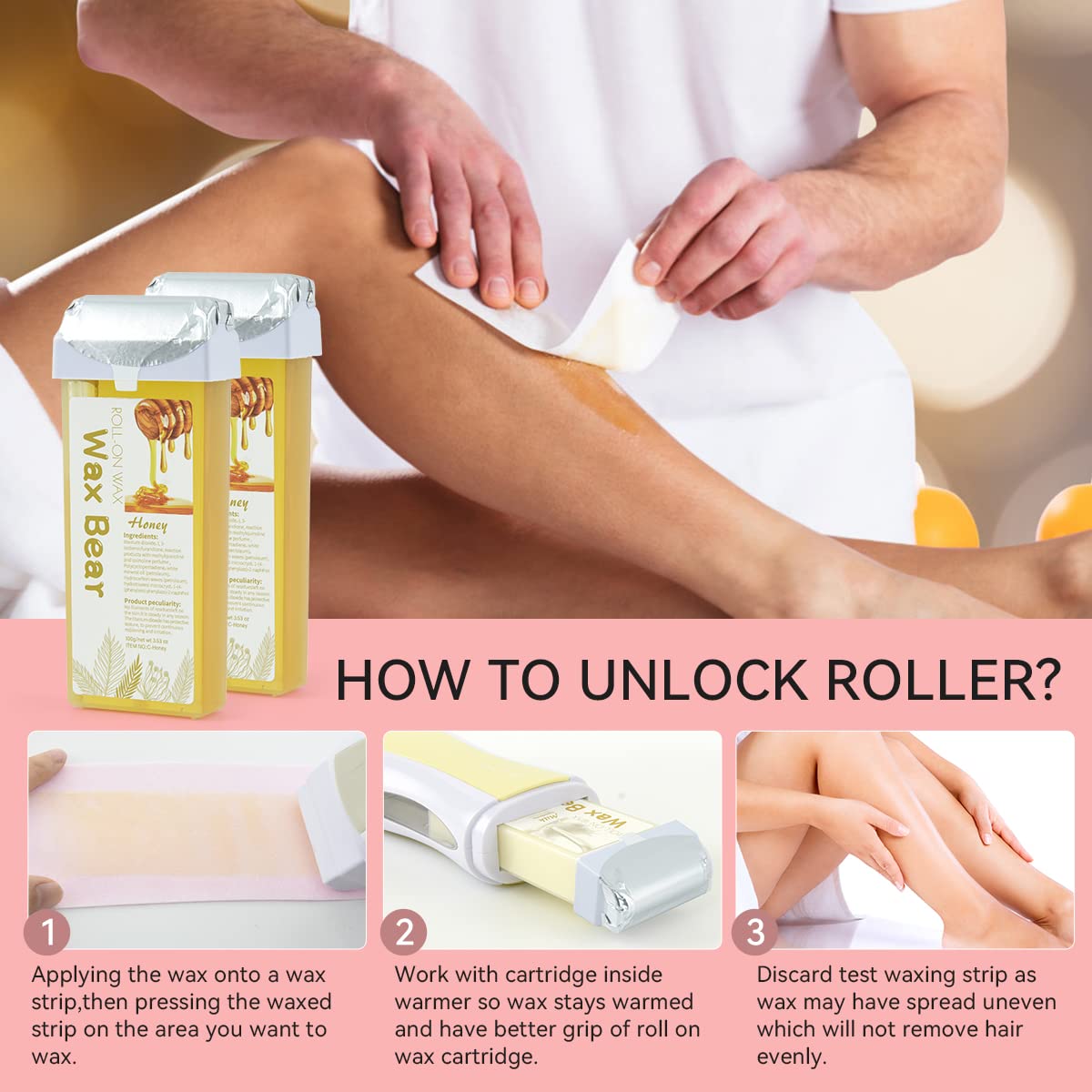 Wax Bear Roll on Wax Warmer Kit with Honey Wax Cartridges for Coarse Hair Removal - Professional At-Home Waxing