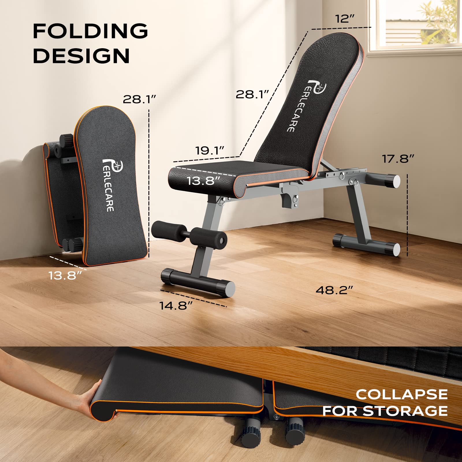 PERLECARE Weight Bench Adjustable, Sit Up Bench for Ab Bench Exercises, MultiFunctional Flat Incline Decline Bench with 7 Adjustable Height Settings, Robust Weightlifting Bench Holds Weight up to