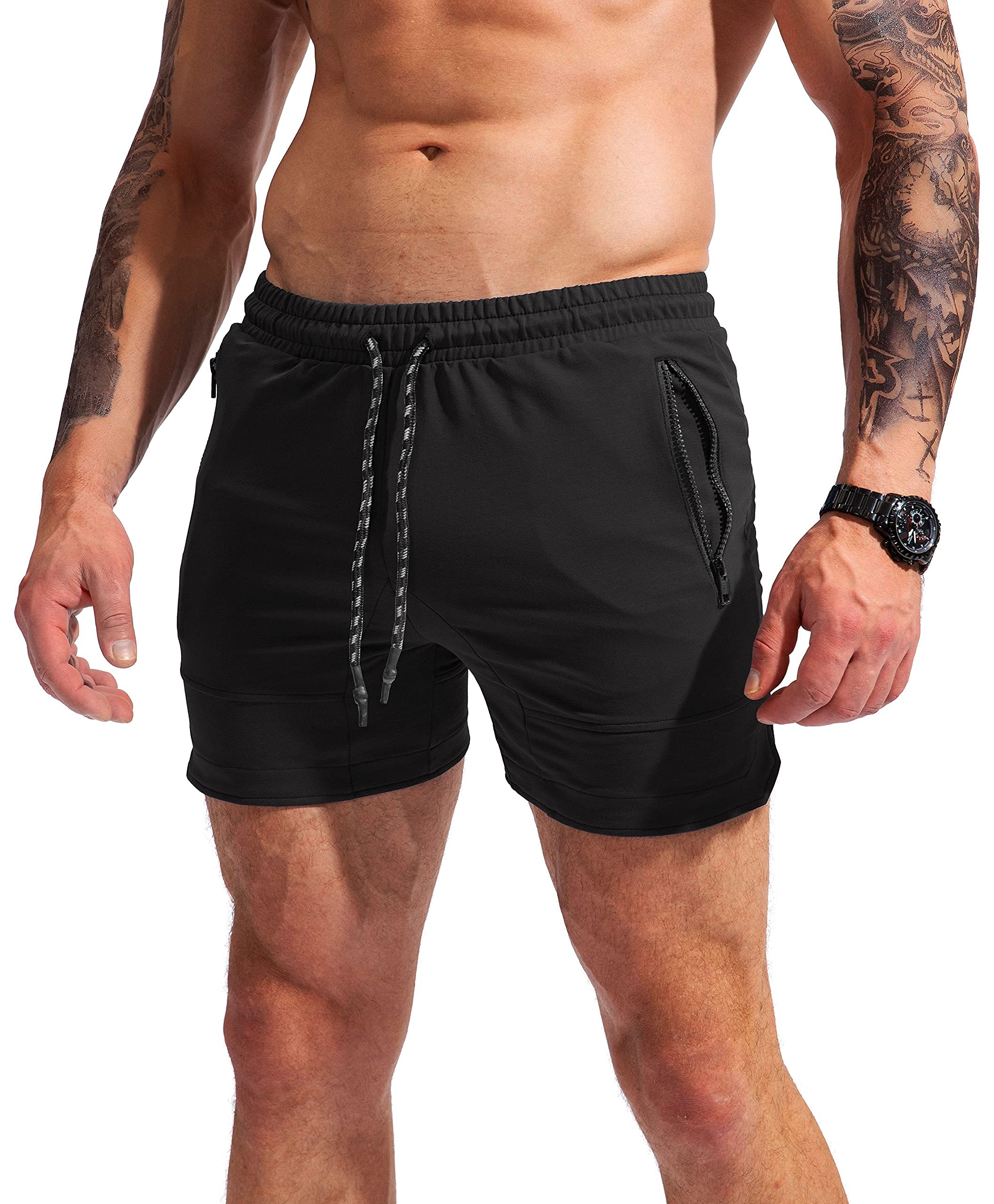 Pudolla Men's Gym Workout Shorts Weightlifting Squatting Shorts for Men Bodybuilding Training Jogger with Zipper Pockets(Black Medium)