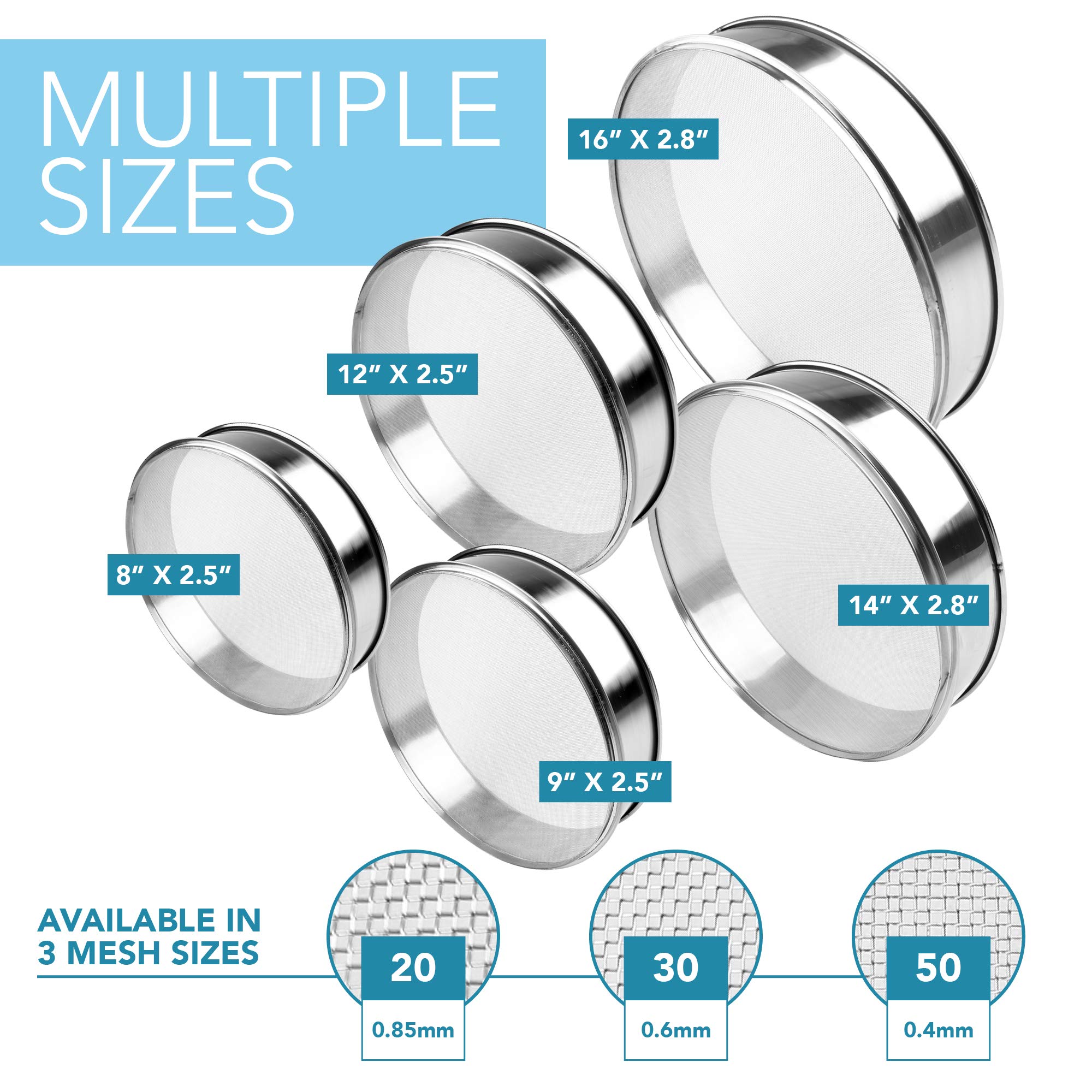Vollum Stainless Steel Flour Sifter Fine Mesh Round Flour Sifter for Baking 8" Diameter x 2.5" High; Mesh-Hole Size 0.85mm