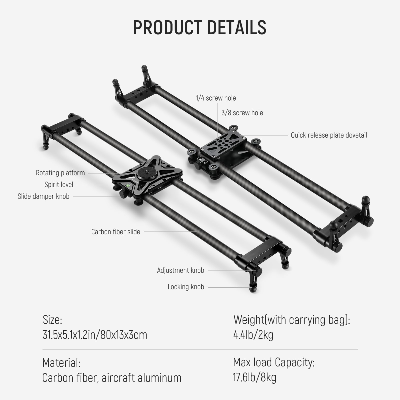 NEEWER 31.5 inches / 80 cm Carbon Fibre Camera Slider, Dolly with Thicker Tube and More Stable Support, 4 Precise Smooth Bearings and Levelling for DSLR Camera Camcorder, max Load 8 kg, CS80 cm
