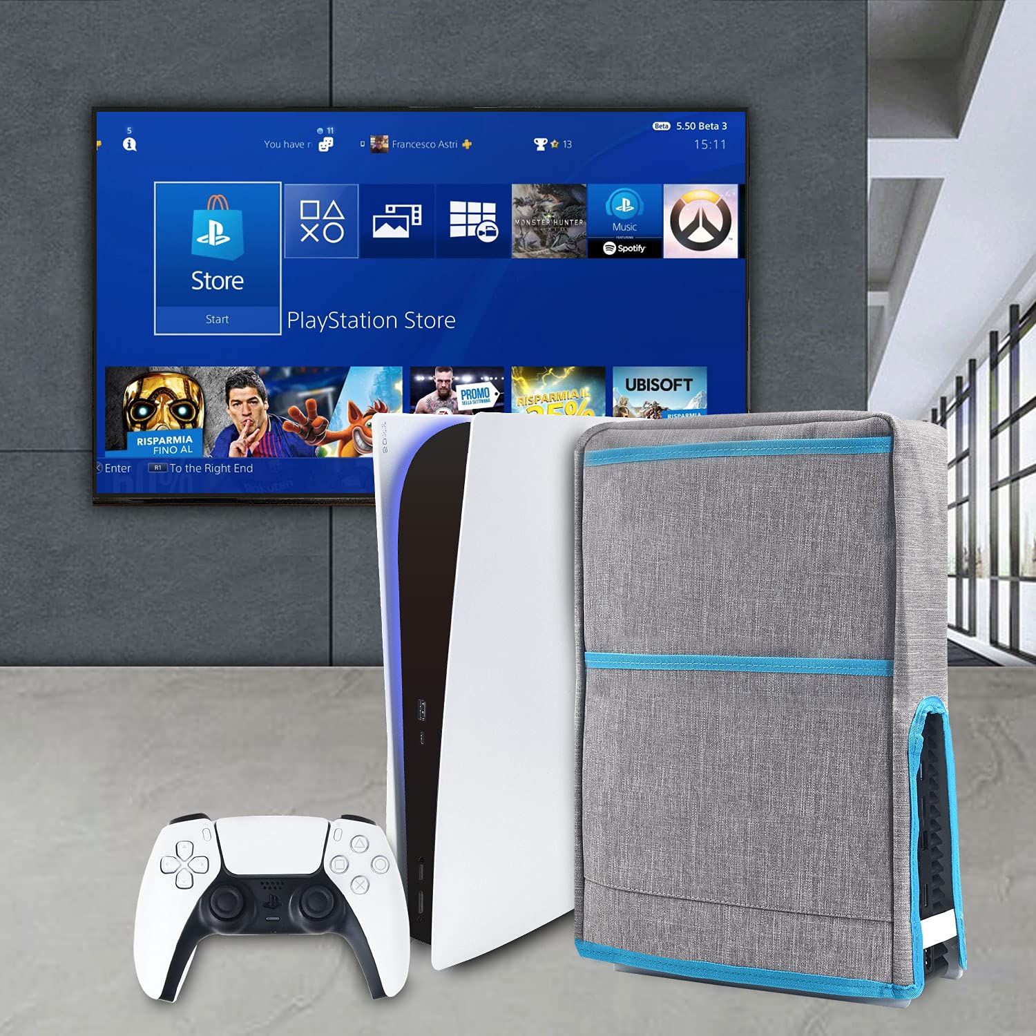 PS5 Dust Cover Protective Cover for Playstation 5 Console Digital Edition & Regular Edition Soft Neat Lining Dust Guard with Game Disc and Controller Storage Pocket (Gray)
