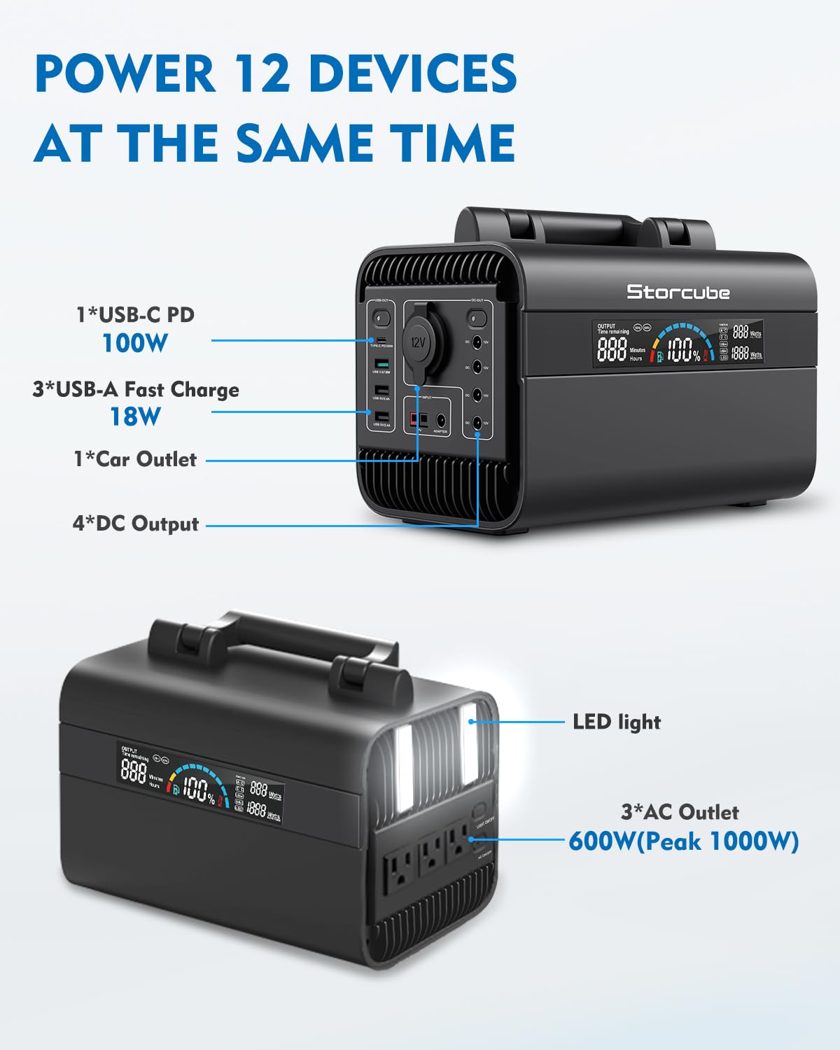 Portable Power Station 600W, STORCUBE Solar Generator 577Wh with 3 AC Outlet, PD 100W Output, Lithium Battery Backup, Solar Powered Generators for Camping Outdoor Home Emergency (1000W Surge)