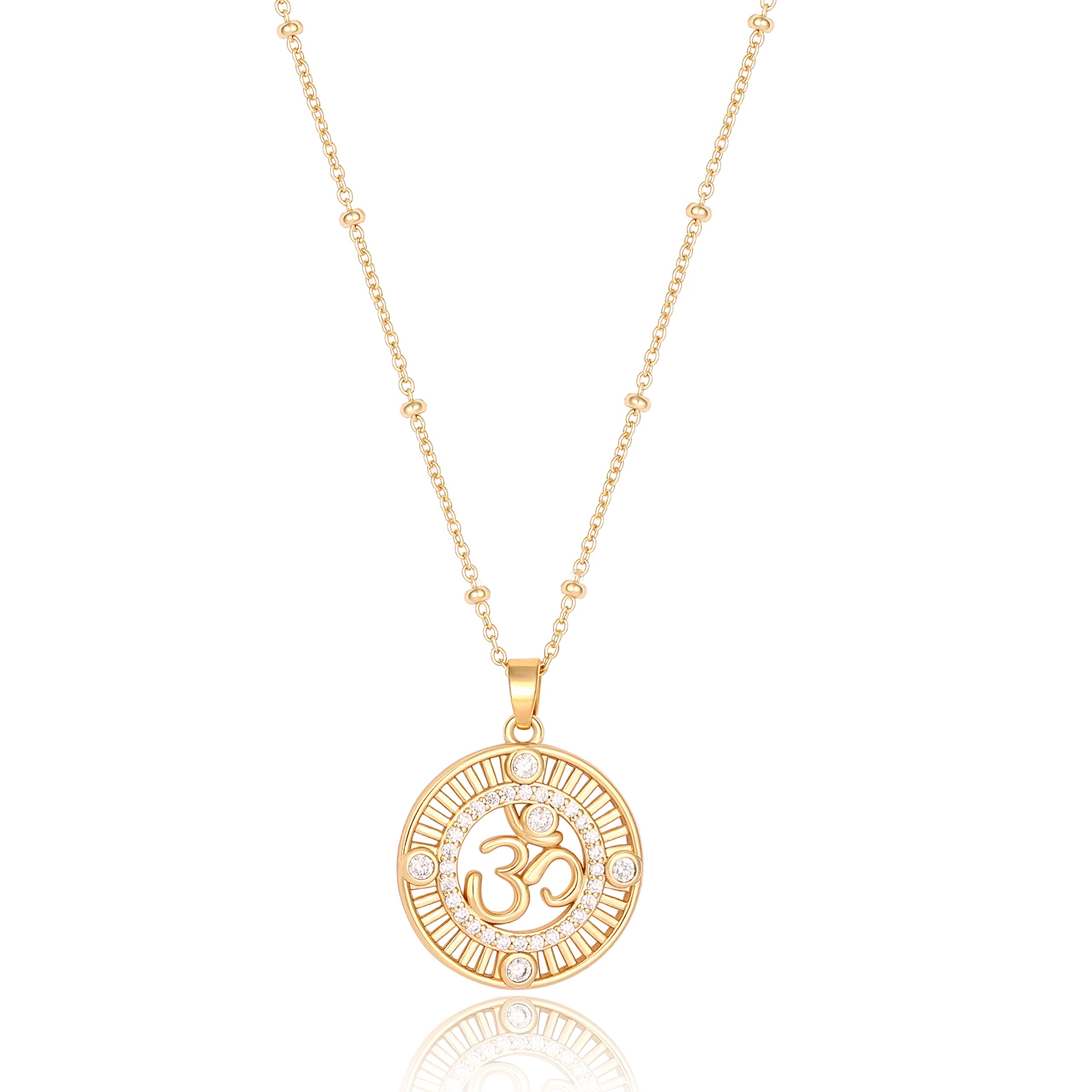 PERNNLA PEARL Sanskrit Symbol Om Satellite Beaded Chain Necklace 18K Gold Plated Aum Ohm Yoga Charm Pendant Long Necklace With CZ