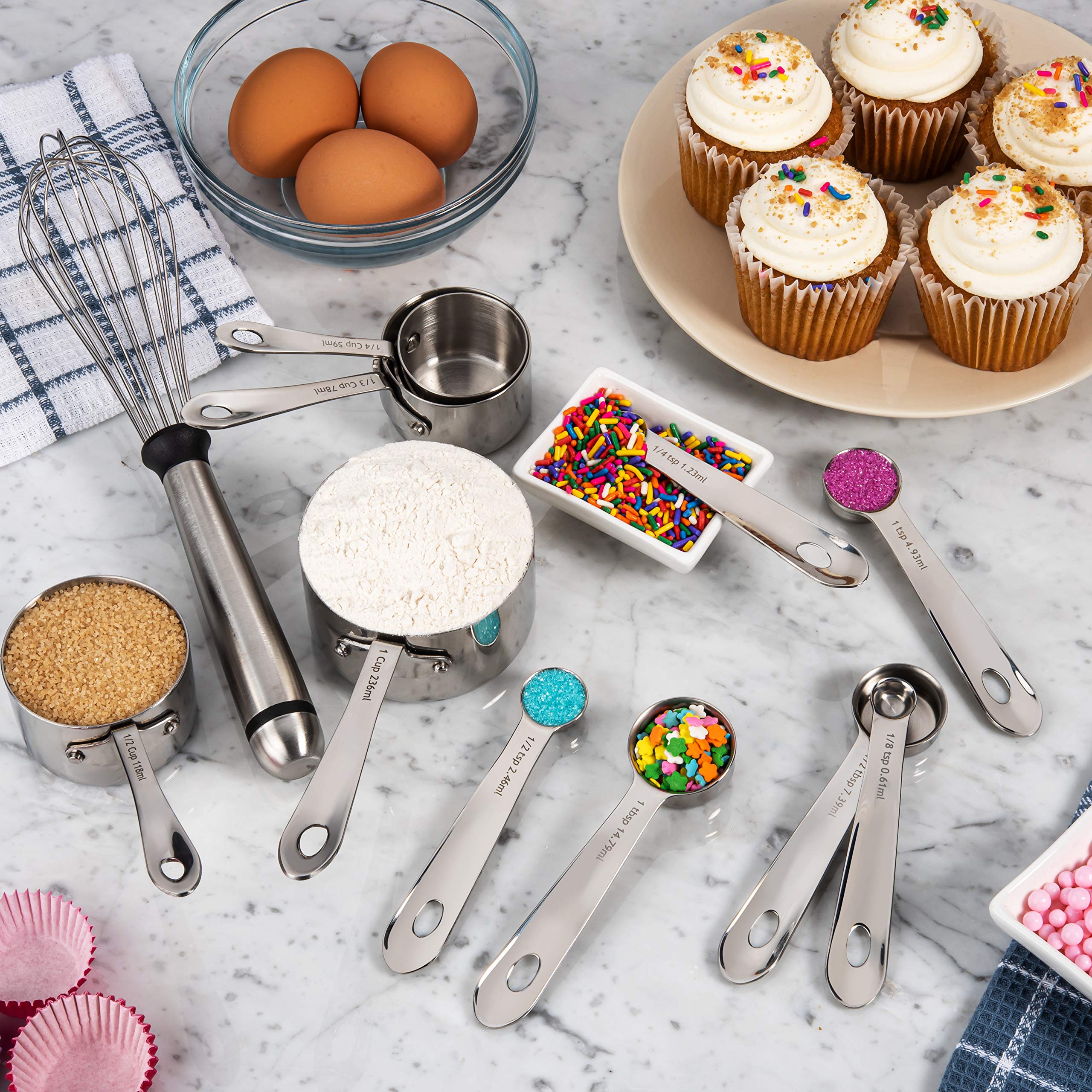Stainless Steel Measuring Cups And Spoons Set - Heavy Duty, Metal Kitchen Measuring Set For Cooking And Baking Food For Dry Ingredients - Stackable Nesting Measuring Cups - Gordo Boss Measuring Spoons
