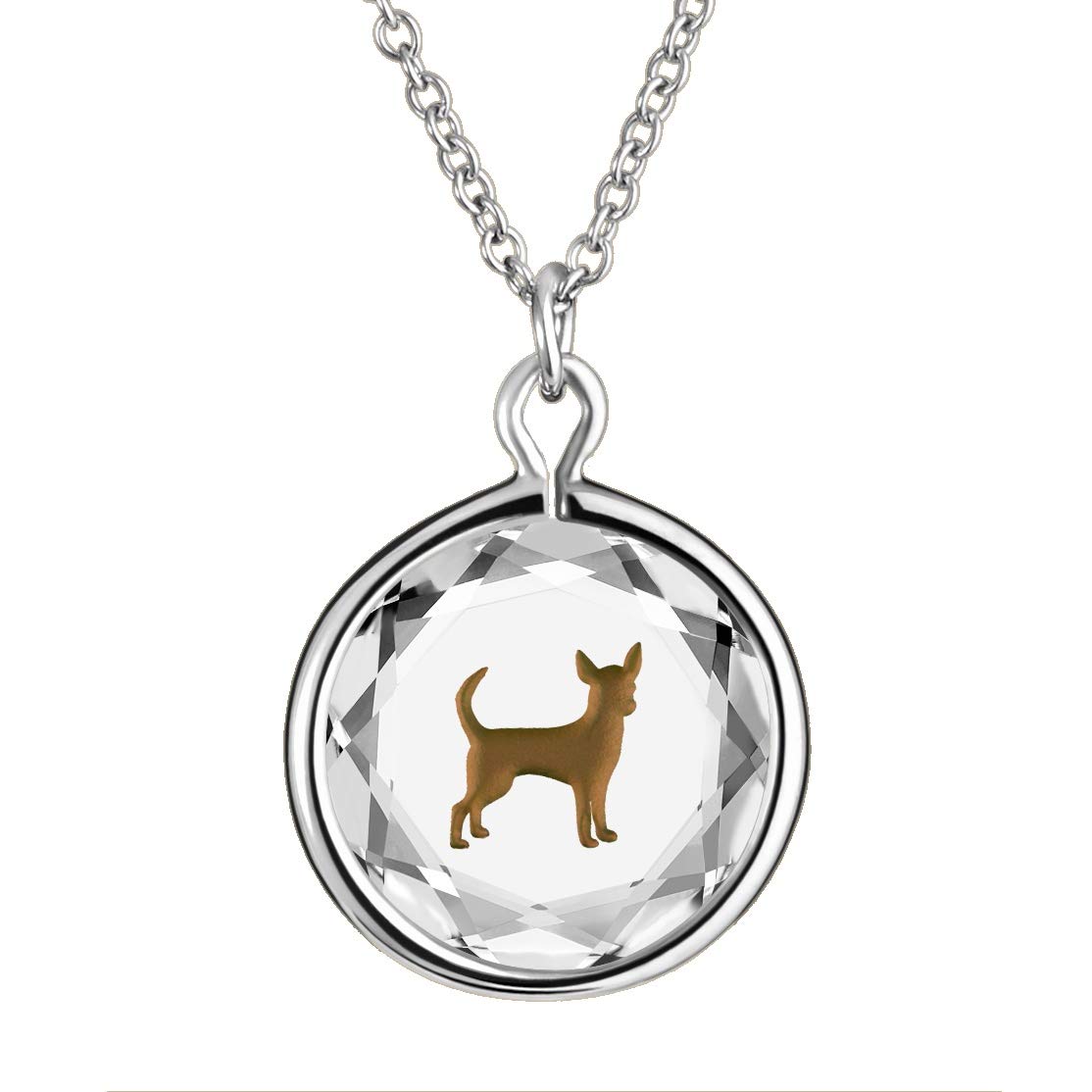 LovePendants 16-18" Pendant/Necklace in White Swarovski Crystal with Brown Enameled Chihuahua Engraving in Sterling Silver.