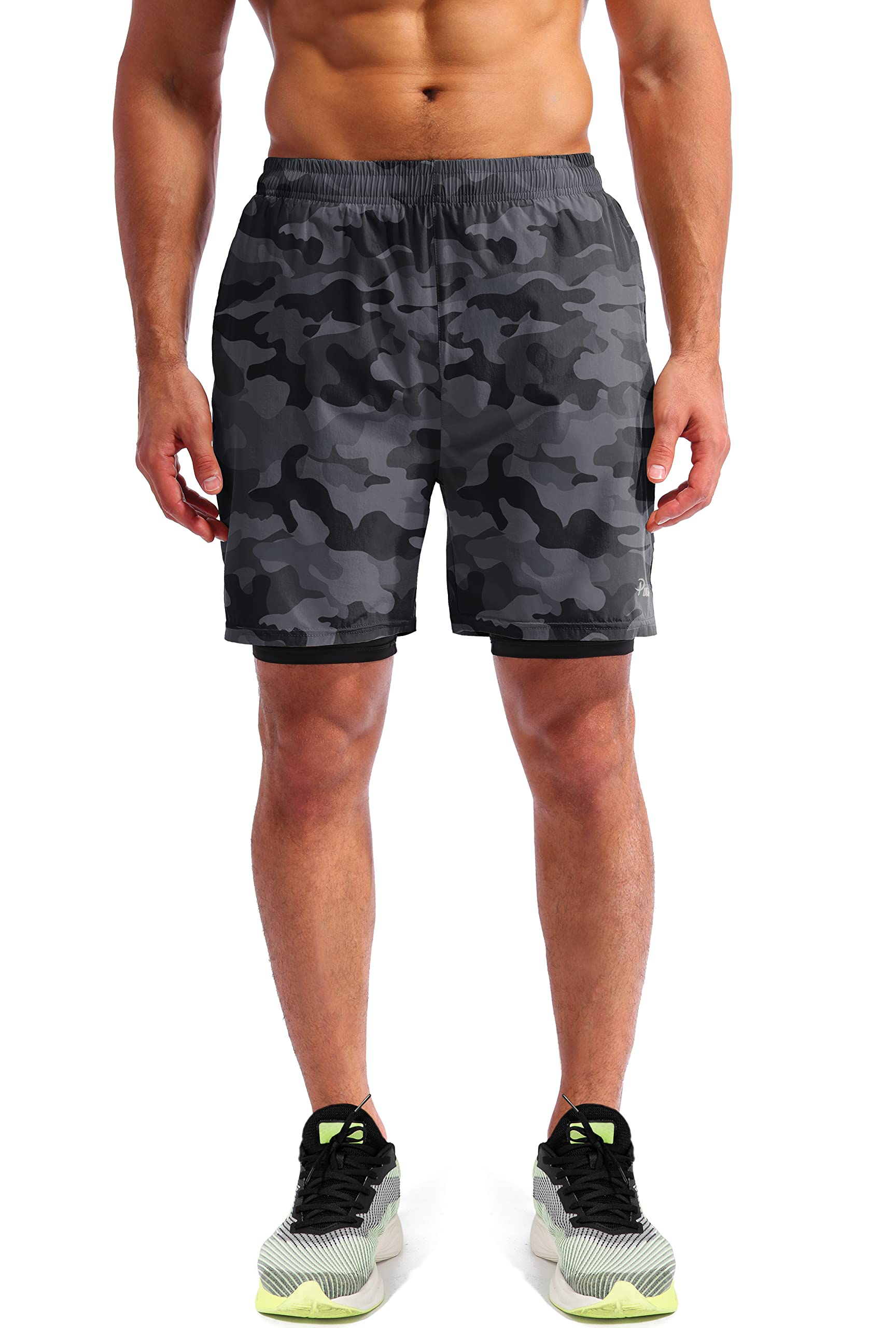 Pudolla Men’s 2 in 1 Running Shorts 7" Quick Dry Gym Athletic Workout Shorts for Men with Phone Pockets(Black Camo Large)
