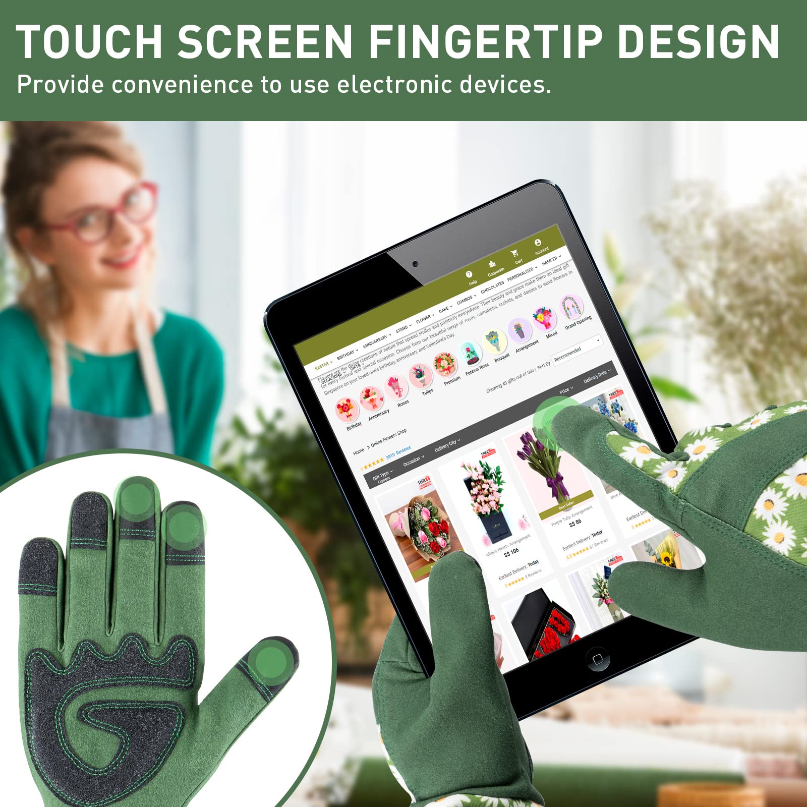 PHIRAH Gardening Gloves for Women Rose Pruning Thorn Proof Breathable Touchscreen Garden Gloves Long Forearm Protection Gauntlet Adjustable Flexible Working Gloves(Green, M)