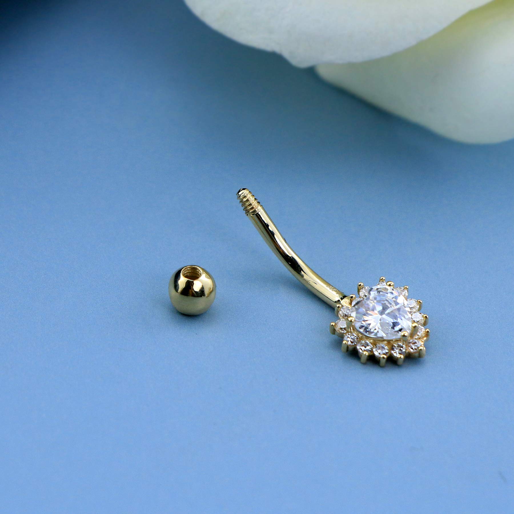OUFER 14K Solid Gold Heart Belly Button Piercing Small Sun Flower Navel Button Ring Clear 5A Cubic Zirconia Design Belly Rings Piercing Jewelry