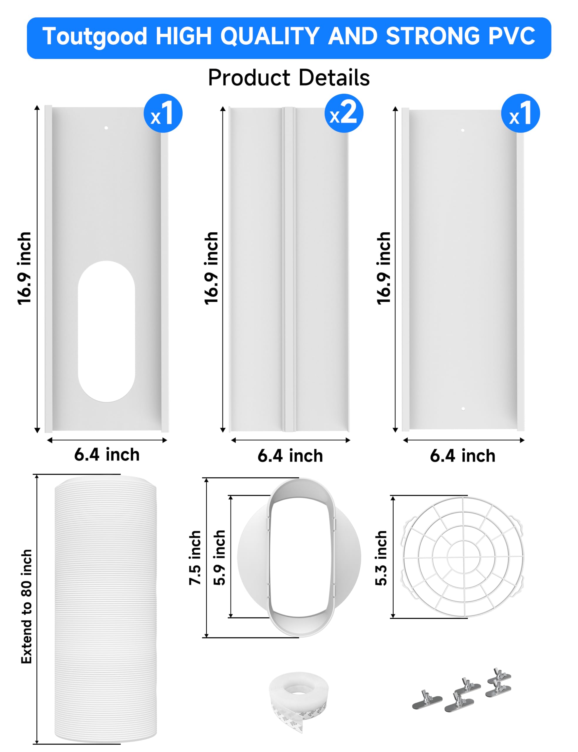 Toutgood Portable Air Conditioner Window Vent Kit with 80‘’ Length, 5.9'' Diameter Exhaust Hose, 13Pcs Universal PVC AC Window Slide Seal with 4 Panel(17” to 63”) for Horizontal&Vertical Window