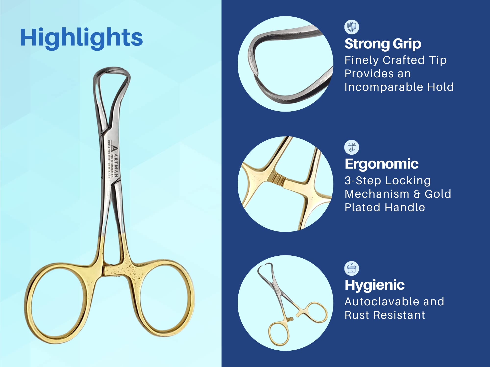 Towel Clamp Backhaus Forceps Gold Plated 3.5" Medical Surgical Instrument ARTMAN Set of Three (3)