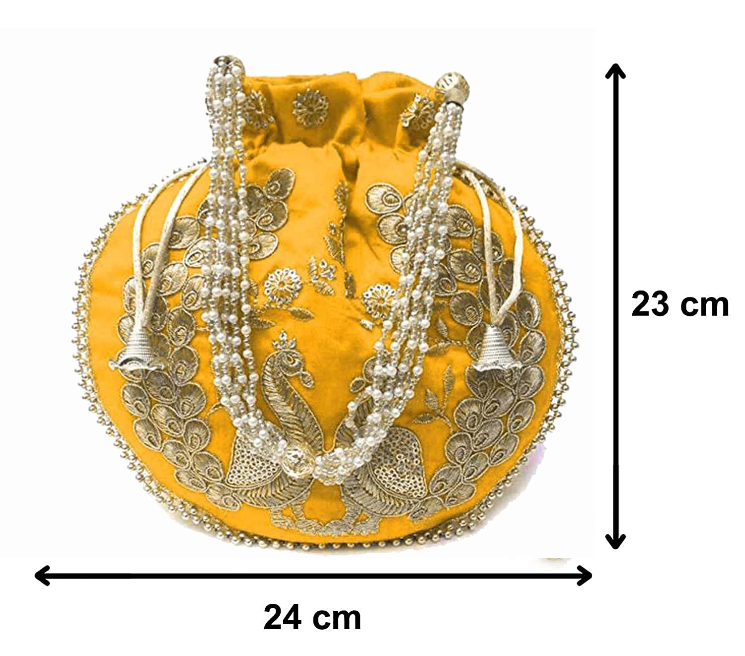 Potli Bag for Women yellow Indian Pearls Handle Purse Wedding Ethnic Designer Clutch Embroidered Silk Gifts Batwa H*L(cm):- 23 * 24)