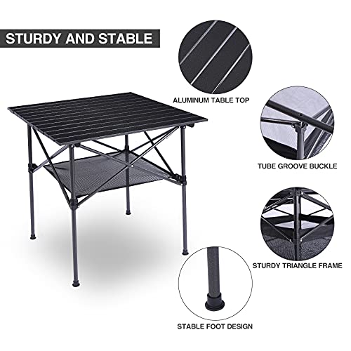 Stonehomy Aluminum Camping Table Roll Top with Mesh Storage, Folding Lightweight Roll Up Table Square for Outdoor Camping Grill, Black, 27.6X27.6 Inch
