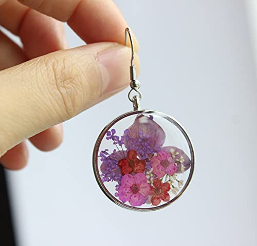 SIEASY Pressed Flower earrings, Dried Flower Pendants earrings, Purple hydrangea earrings, Handmade jewelry