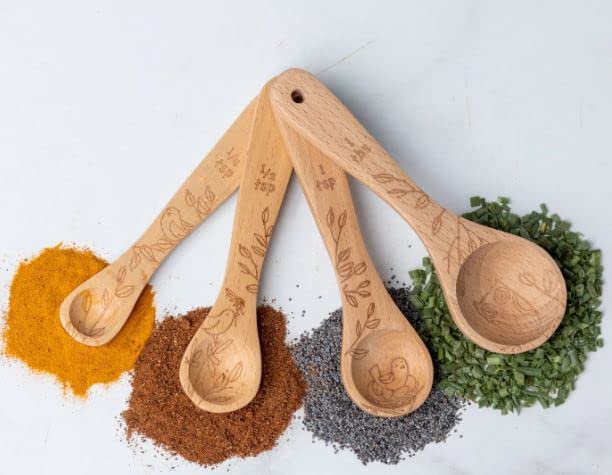 Talisman Designs Laser Etched Beechwood Measuring Spoons | Set of 4 | Nature Design | Natural Wooden Measuring Spoons Set | Cute & Functional Kitchen Tools
